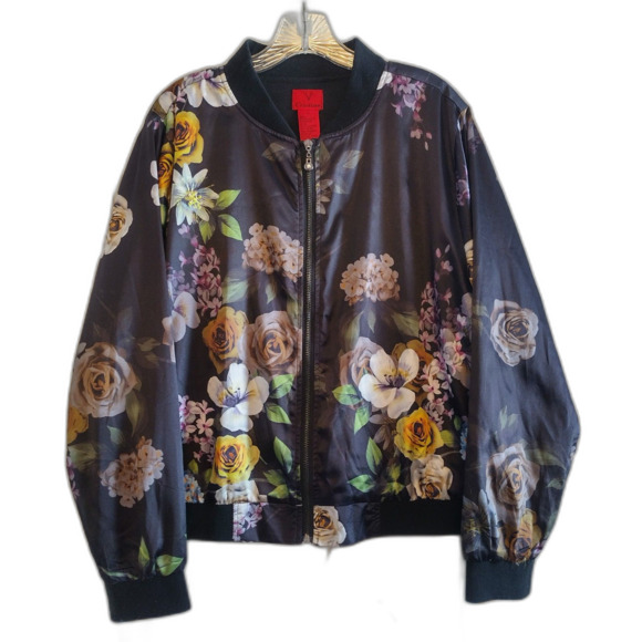 V Cristina | Jackets & Coats | V Cristina Black Floral Print Satin Zip ...